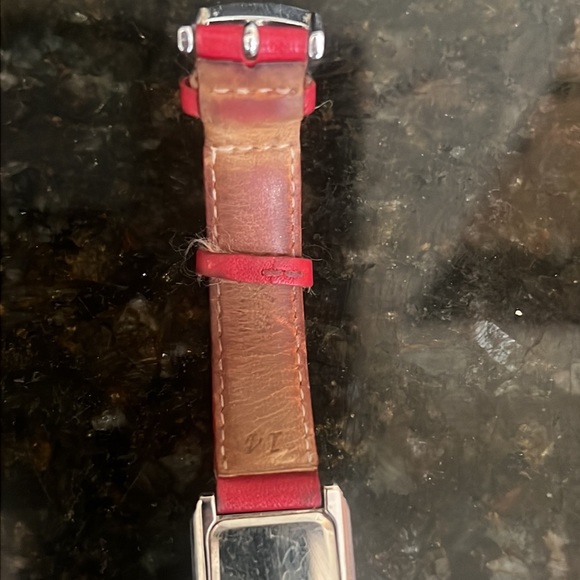 agatha | Accessories | Agatha Double Face Tank Silver Watch Red Leather Strap Contrast Stitching ...